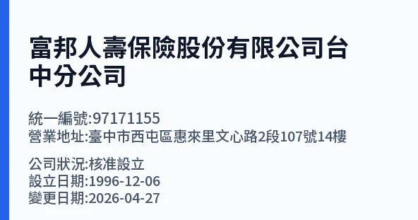 富邦人壽保險股份有限公司台中分公司的照片-統編 97171155(臺中市) 公司登記資料與營業項目詳細圖表