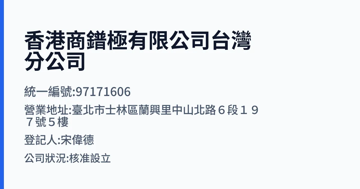 香港商鐠極有限公司台灣分公司 - 統編 97171606(臺北市) 公司登記資料與營業項目詳細圖表