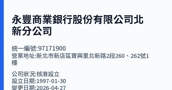 永豐商業銀行股份有限公司北新分公司的照片-統編 97171900(新北市) 公司登記資料與營業項目詳細圖表