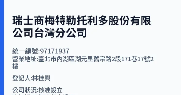 瑞士商梅特勒托利多股份有限公司台灣分公司的照片-統編 97171937(臺北市) 公司登記資料與營業項目詳細圖表