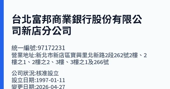 台北富邦商業銀行股份有限公司新店分公司的照片-統編 97172231(新北市) 公司登記資料與營業項目詳細圖表