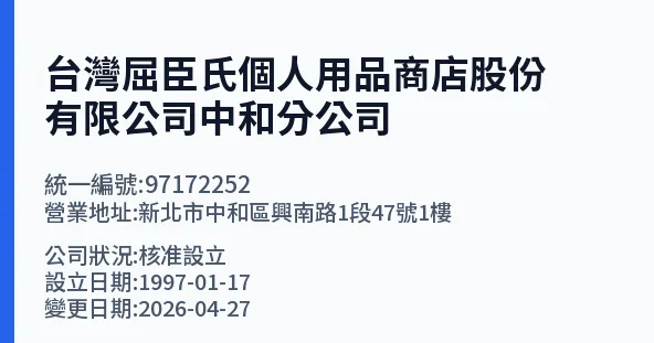 台灣屈臣氏個人用品商店股份有限公司中和分公司的照片-統編 97172252(新北市) 公司登記資料與營業項目詳細圖表