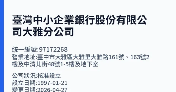 臺灣中小企業銀行股份有限公司大雅分公司的照片-統編 97172268(臺中市) 公司登記資料與營業項目詳細圖表