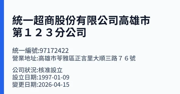 統一超商股份有限公司高雄市第１２３分公司的照片-統編 97172422(高雄市) 公司登記資料與營業項目詳細圖表