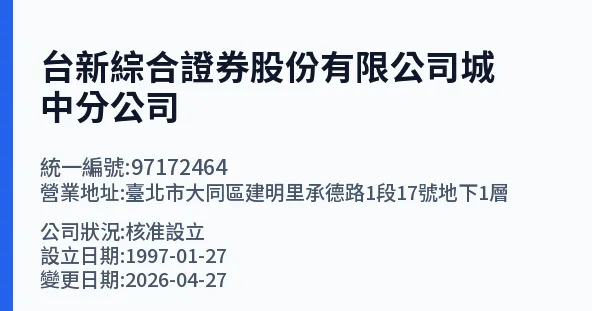 台新綜合證券股份有限公司城中分公司的照片-統編 97172464(臺北市) 公司登記資料與營業項目詳細圖表