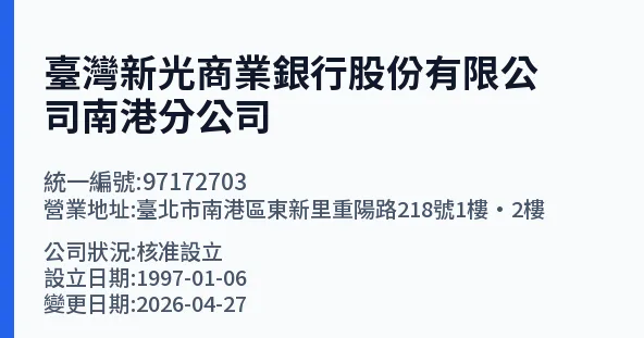 臺灣新光商業銀行股份有限公司南港分公司的照片-統編 97172703(臺北市) 公司登記資料與營業項目詳細圖表