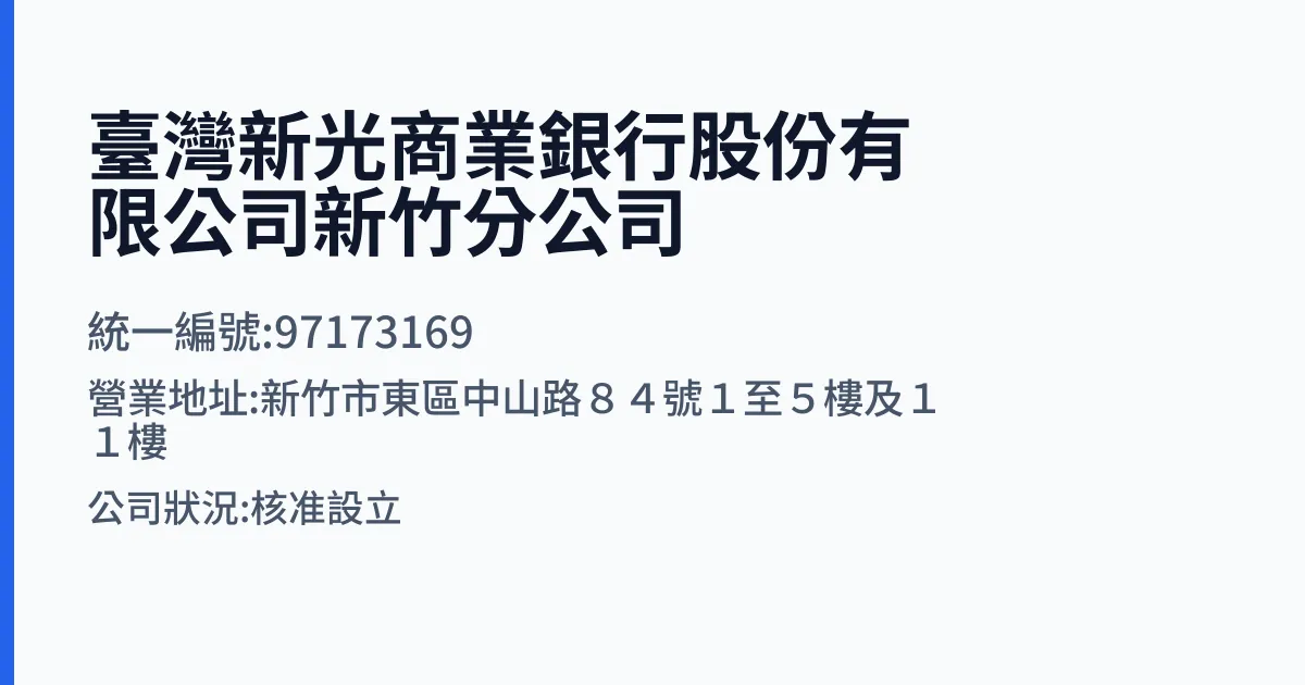 臺灣新光商業銀行股份有限公司新竹分公司 - 統編 97173169(新竹市) 公司登記資料與營業項目詳細圖表