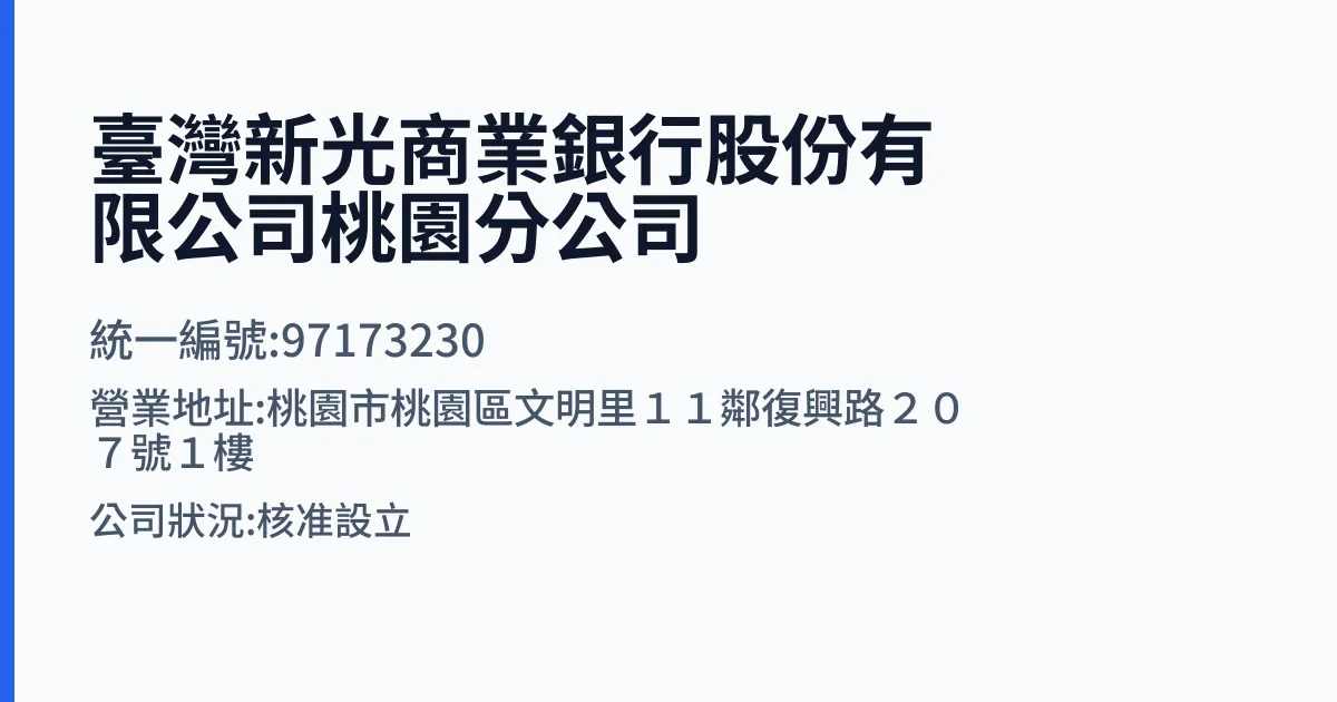 臺灣新光商業銀行股份有限公司桃園分公司 - 統編 97173230(桃園市) 公司登記資料與營業項目詳細圖表