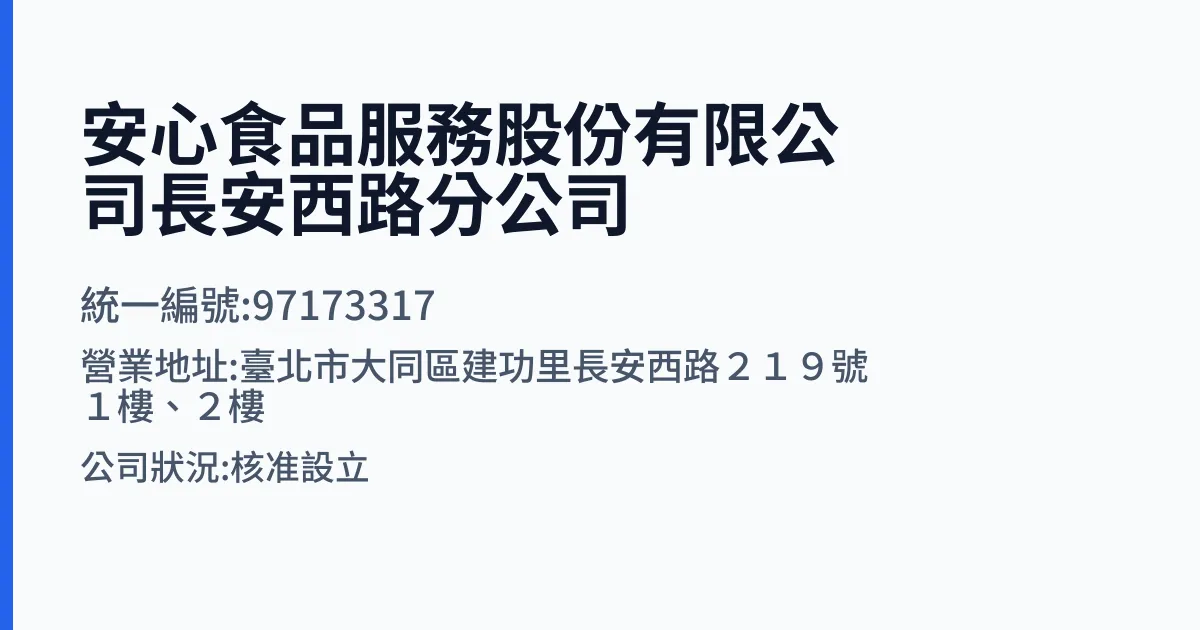 安心食品服務股份有限公司長安西路分公司 - 統編 97173317(臺北市) 公司登記資料與營業項目詳細圖表