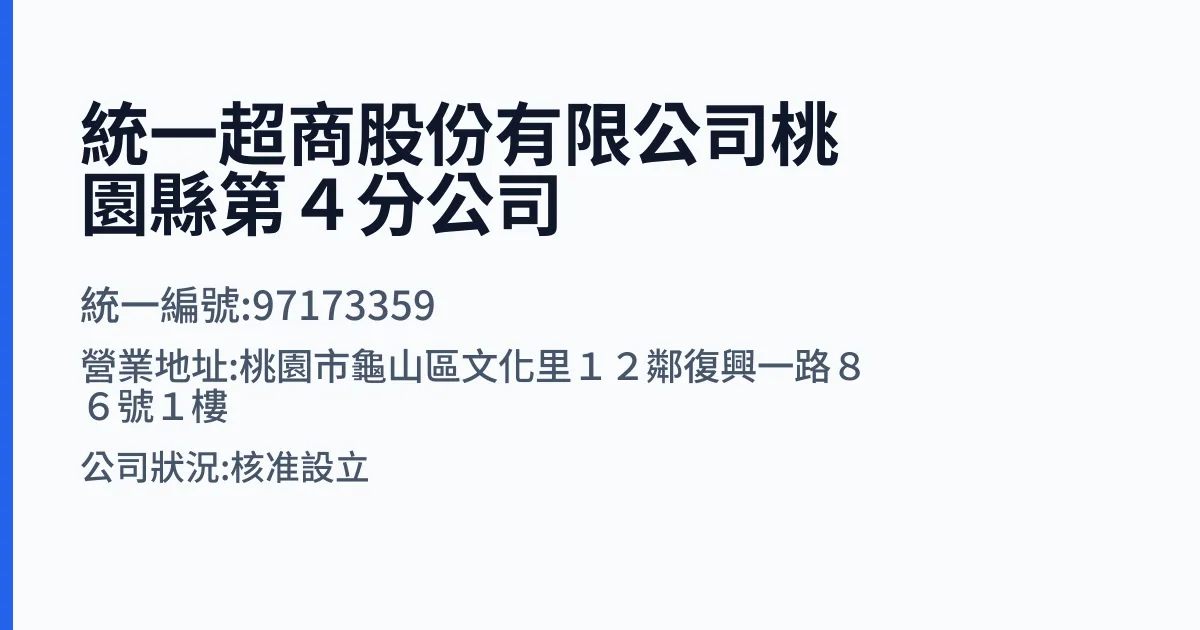 統一超商股份有限公司桃園縣第４分公司 - 統編 97173359(桃園市) 公司登記資料與營業項目詳細圖表