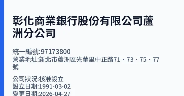 彰化商業銀行股份有限公司蘆洲分公司的照片-統編 97173800(新北市) 公司登記資料與營業項目詳細圖表