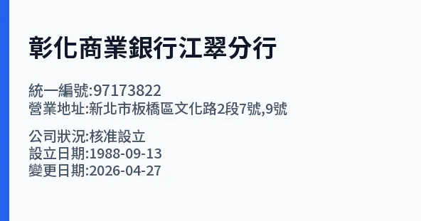 彰化商業銀行江翠分行的照片-統編 97173822(新北市) 公司登記資料與營業項目詳細圖表