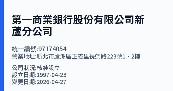 第一商業銀行股份有限公司新蘆分公司的照片-統編 97174054(新北市) 公司登記資料與營業項目詳細圖表