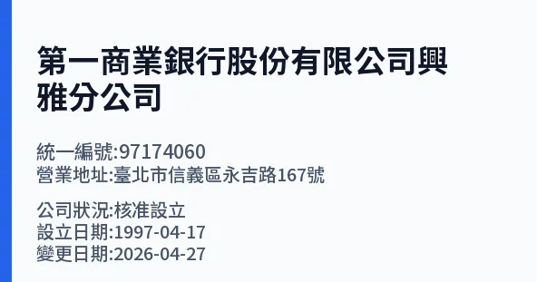 第一商業銀行股份有限公司興雅分公司的照片-統編 97174060(臺北市) 公司登記資料與營業項目詳細圖表