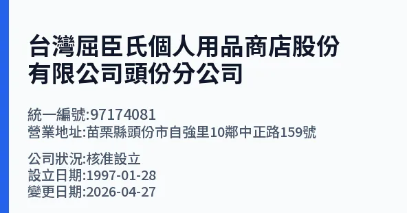 台灣屈臣氏個人用品商店股份有限公司頭份分公司的照片-統編 97174081(苗栗縣) 公司登記資料與營業項目詳細圖表