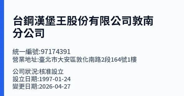 台鋼漢堡王股份有限公司敦南分公司的照片-統編 97174391(臺北市) 公司登記資料與營業項目詳細圖表