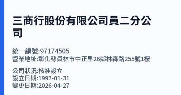 三商行股份有限公司員二分公司的照片-統編 97174505(彰化縣) 公司登記資料與營業項目詳細圖表