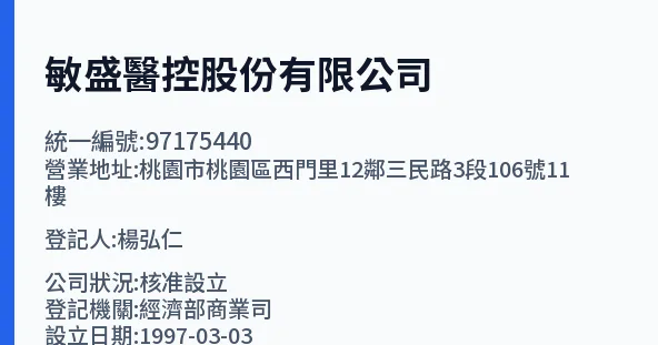 敏盛醫控股份有限公司的照片-統編 97175440(桃園市) 公司登記資料與營業項目詳細圖表