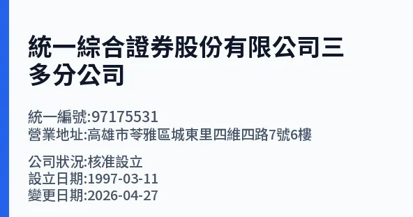 統一綜合證券股份有限公司三多分公司的照片-統編 97175531(高雄市) 公司登記資料與營業項目詳細圖表