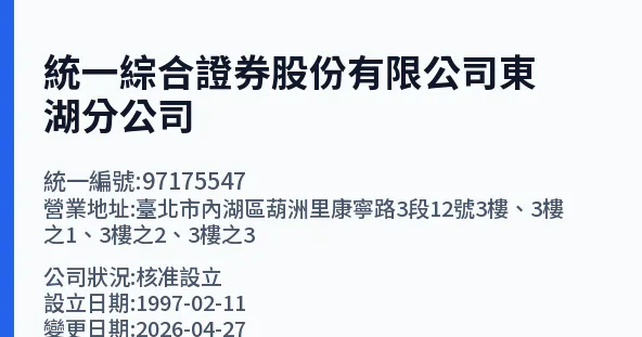 統一綜合證券股份有限公司東湖分公司的照片-統編 97175547(臺北市) 公司登記資料與營業項目詳細圖表