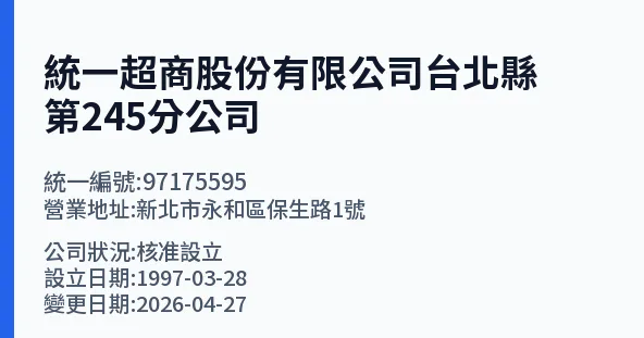 統一超商股份有限公司台北縣第245分公司的照片-統編 97175595(新北市) 公司登記資料與營業項目詳細圖表