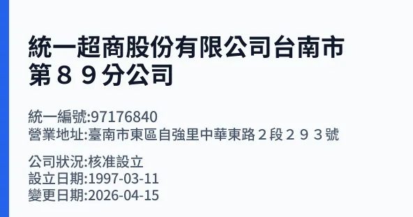 統一超商股份有限公司台南市第８９分公司的照片-統編 97176840(臺南市) 公司登記資料與營業項目詳細圖表