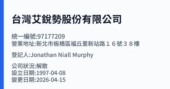 台灣艾銳勢股份有限公司的照片-統編 97177209(新北市) 公司登記資料與營業項目詳細圖表