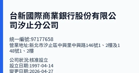 台新國際商業銀行股份有限公司汐止分公司的照片-統編 97177658(新北市) 公司登記資料與營業項目詳細圖表