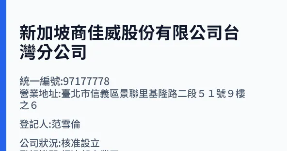 新加坡商佳威股份有限公司台灣分公司的照片-統編 97177778(臺北市) 公司登記資料與營業項目詳細圖表