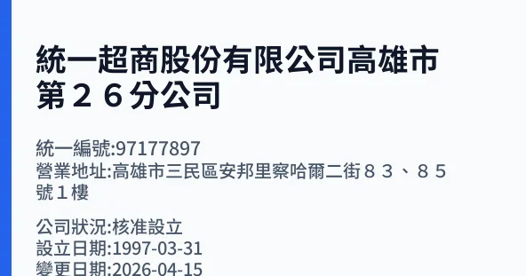 統一超商股份有限公司高雄市第２６分公司的照片-統編 97177897(高雄市) 公司登記資料與營業項目詳細圖表