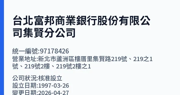 台北富邦商業銀行股份有限公司集賢分公司的照片-統編 97178426(新北市) 公司登記資料與營業項目詳細圖表