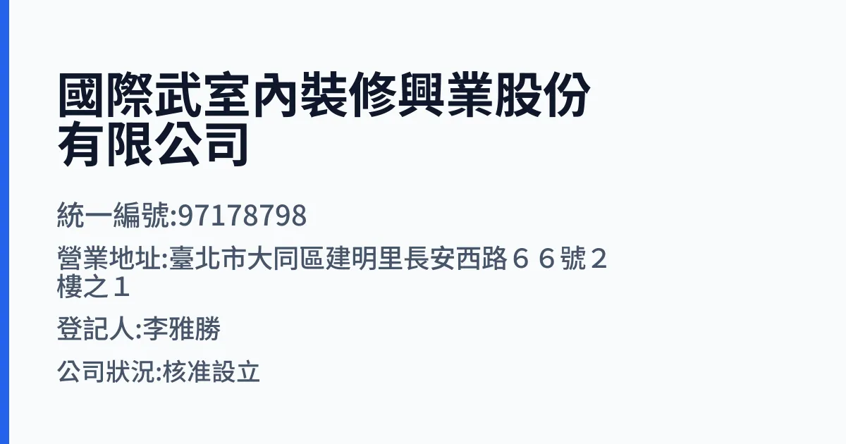 國際武室內裝修興業股份有限公司 - 統編 97178798(臺北市) 公司登記資料與營業項目詳細圖表