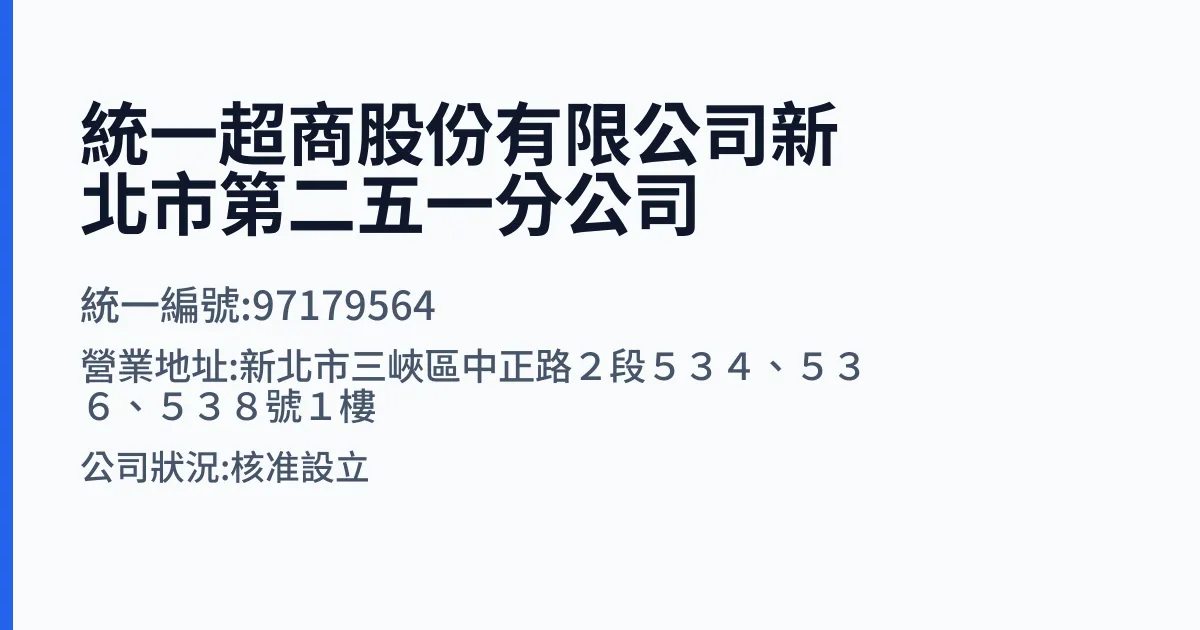 統一超商股份有限公司新北市第二五一分公司 - 統編 97179564(新北市) 公司登記資料與營業項目詳細圖表