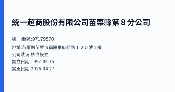統一超商股份有限公司苗栗縣第8分公司的照片-統編 97179570(苗栗縣) 公司登記資料與營業項目詳細圖表