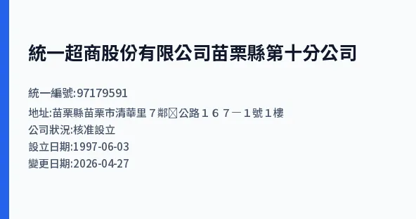 統一超商股份有限公司苗栗縣第十分公司的照片-統編 97179591(苗栗縣) 公司登記資料與營業項目詳細圖表