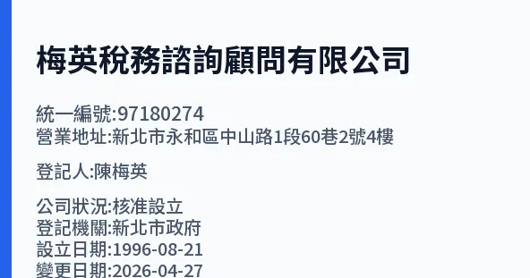 梅英稅務諮詢顧問有限公司的照片-統編 97180274(新北市) 公司登記資料與營業項目詳細圖表