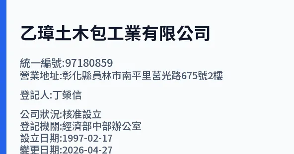 乙璋土木包工業有限公司的照片-統編 97180859(彰化縣) 公司登記資料與營業項目詳細圖表