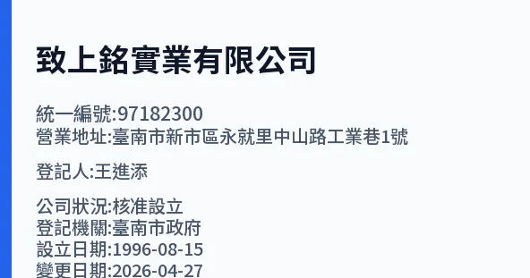 致上銘實業有限公司的照片-統編 97182300(臺南市) 公司登記資料與營業項目詳細圖表