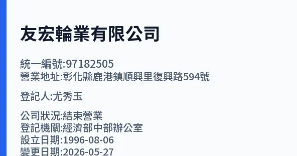 友宏輪業有限公司的照片-統編 97182505(彰化縣) 公司登記資料與營業項目詳細圖表