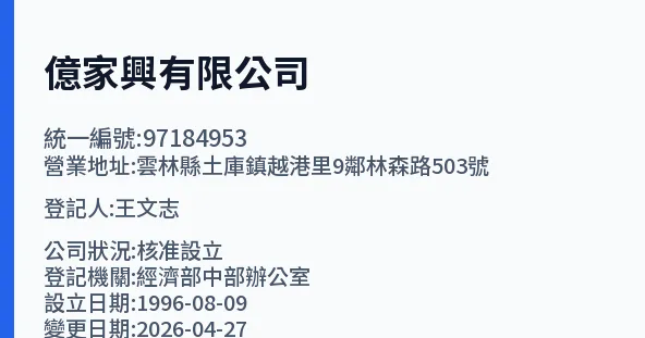 億家興有限公司的照片-統編 97184953(雲林縣) 公司登記資料與營業項目詳細圖表