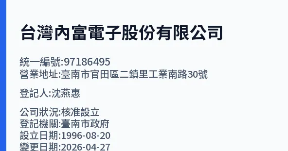 台灣內富電子股份有限公司的照片-統編 97186495(臺南市) 公司登記資料與營業項目詳細圖表