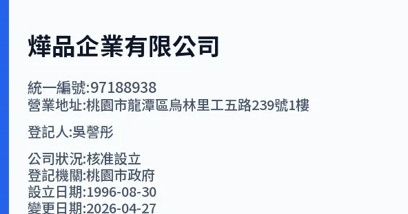 燁品企業有限公司的照片-統編 97188938(桃園市) 公司登記資料與營業項目詳細圖表