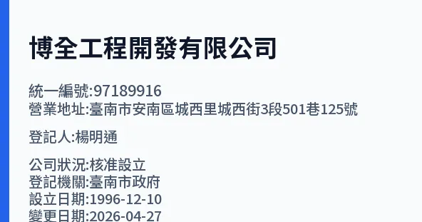 博全工程開發有限公司的照片-統編 97189916(臺南市) 公司登記資料與營業項目詳細圖表