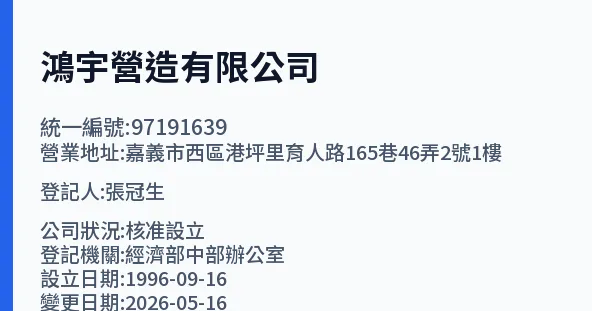 鴻宇營造有限公司的照片-統編 97191639(嘉義市) 公司登記資料與營業項目詳細圖表