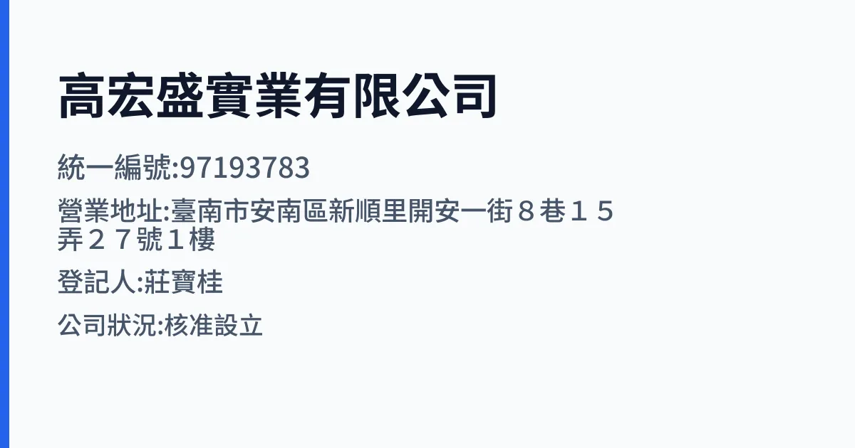 高宏盛實業有限公司 - 統編 97193783(臺南市) 公司登記資料與營業項目詳細圖表
