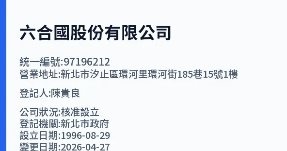 六合國股份有限公司的照片-統編 97196212(新北市) 公司登記資料與營業項目詳細圖表