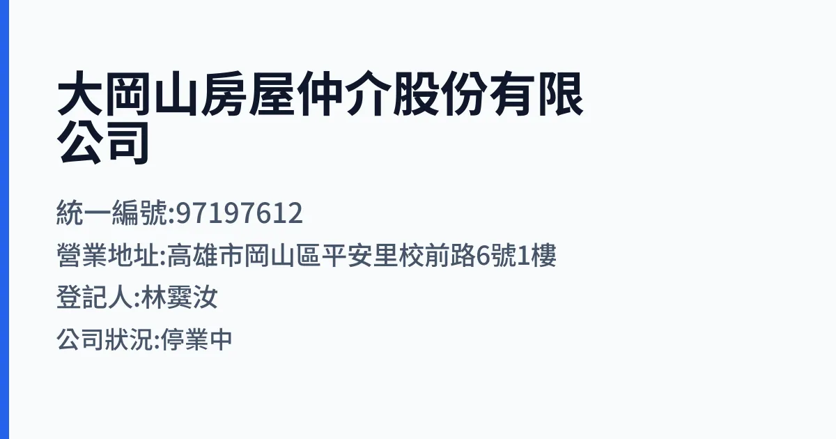 大岡山房屋仲介股份有限公司 - 統編 97197612(高雄市) 公司登記資料與營業項目詳細圖表