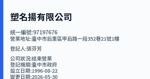 塑名揚有限公司的照片-統編 97197676(臺中市) 公司登記資料與營業項目詳細圖表