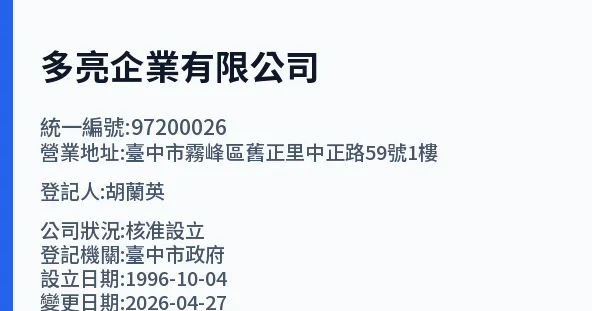 多亮企業有限公司的照片-統編 97200026(臺中市) 公司登記資料與營業項目詳細圖表