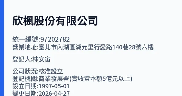 欣楓股份有限公司的照片-統編 97202782(臺北市) 公司登記資料與營業項目詳細圖表